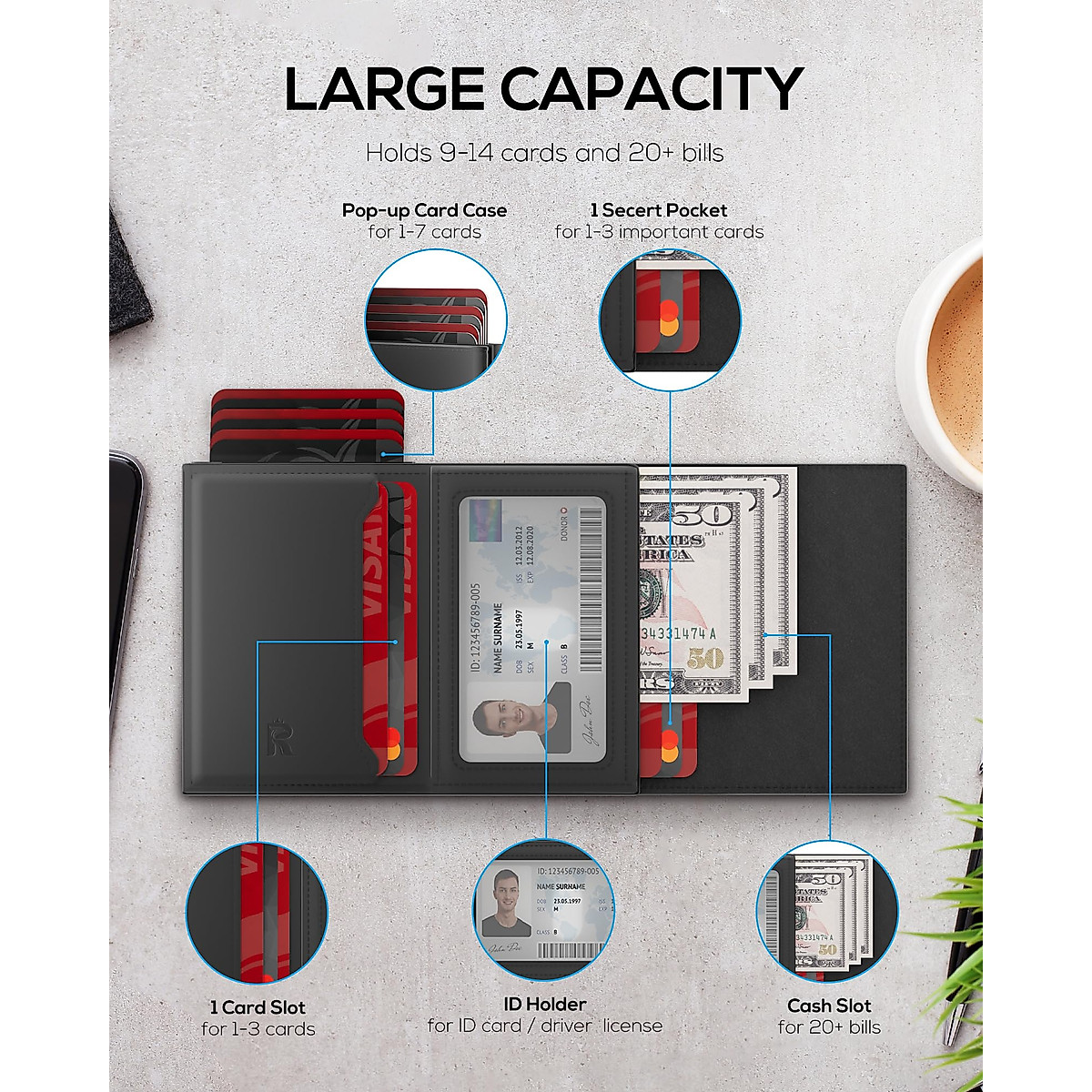 Mens Wallet Card Holder - Smart Wallet for Men, Pop Up Card Case, Top Grain Leather, RFID Blocking, Slim, Minimalist, Ultra Thin, Front Pocket, 9-14 Card Capacity | ID Window | Cash Slot (Black)