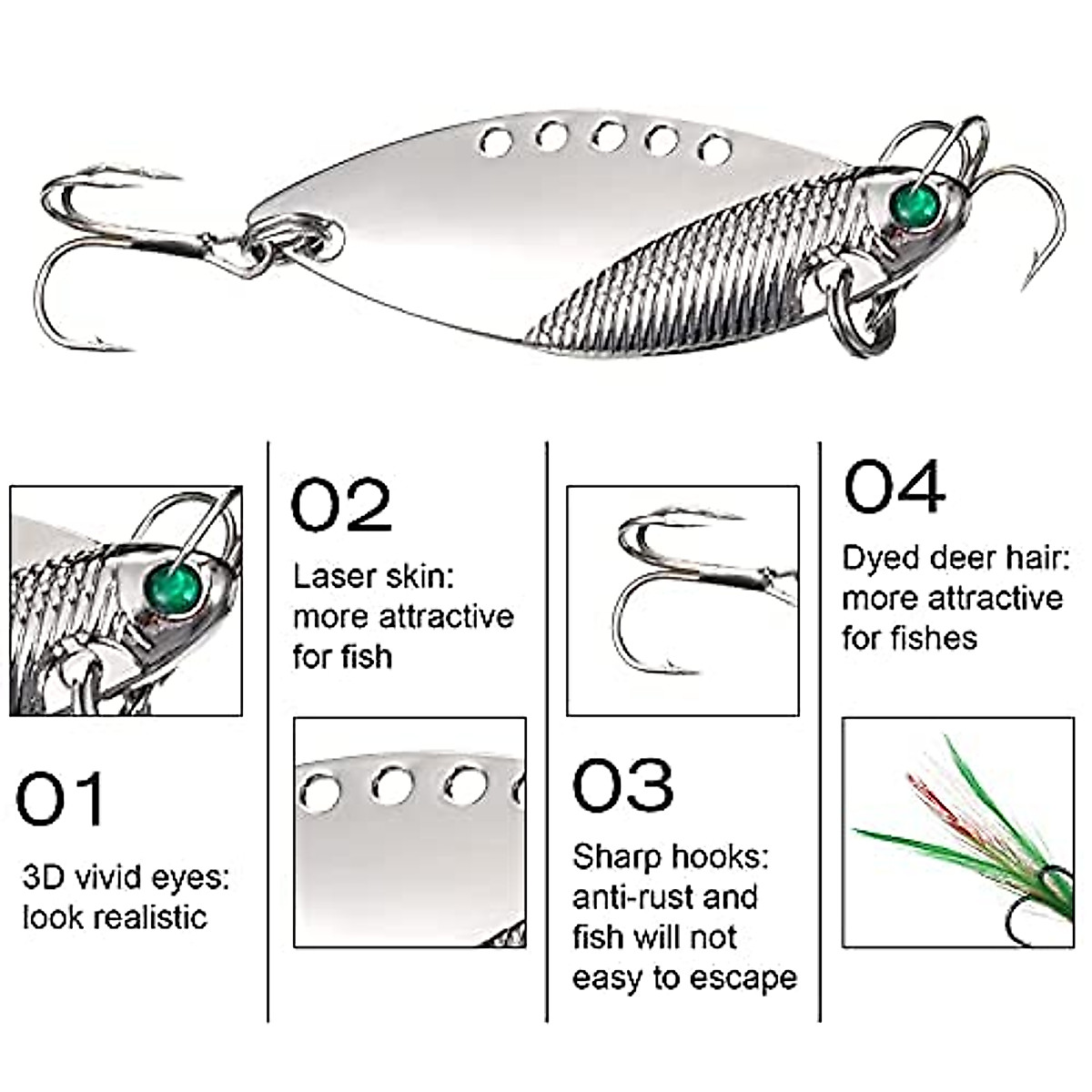 10 Pieces Metal Hard Spinner Blade Bait Fishing Lure Crankbait Bass Fishing Spinner Blade Spinner Spoon Blade Swimbait Freshwater Saltwater Fishing Tackle Lures Treble Hook for Bass Walleye Trout