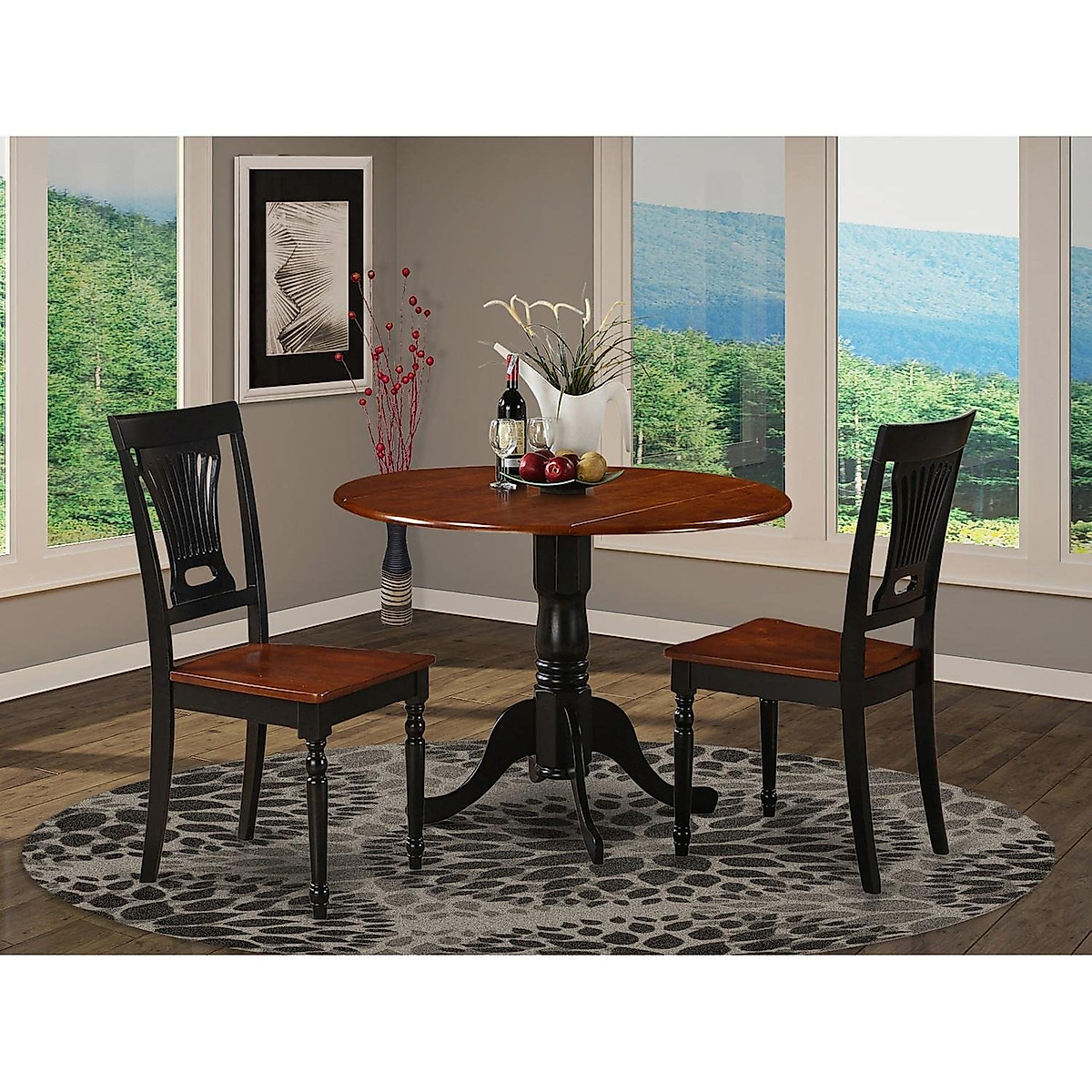 East West Furniture DLPL3-BCH-W 3 Piece Modern Dining Table Set Contains a Round Wooden Table with Dropleaf and 2 Dining Room Chairs, 42x42 Inch, Black & Cherry