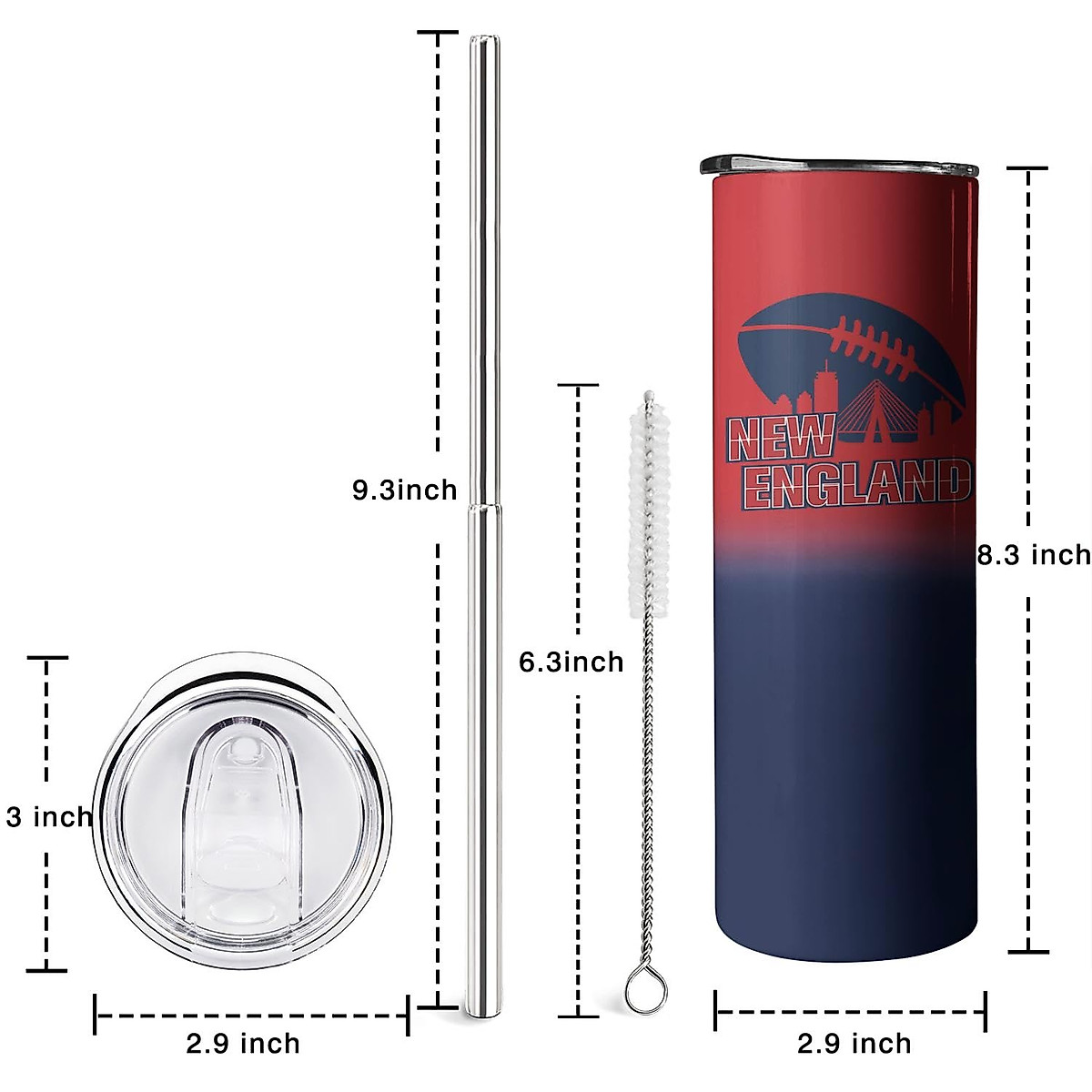 Newengland Classic Stainless Steel Tumbler with Lid and Straw, City Football Fans Gifts,20oz Football Team Skinny Travel Mug Tumbler Cup Water Botter