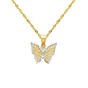 14k REAL Two Tone Gold Butterfly Pendant with 1.2mm Singapore Chain Necklace - 24"