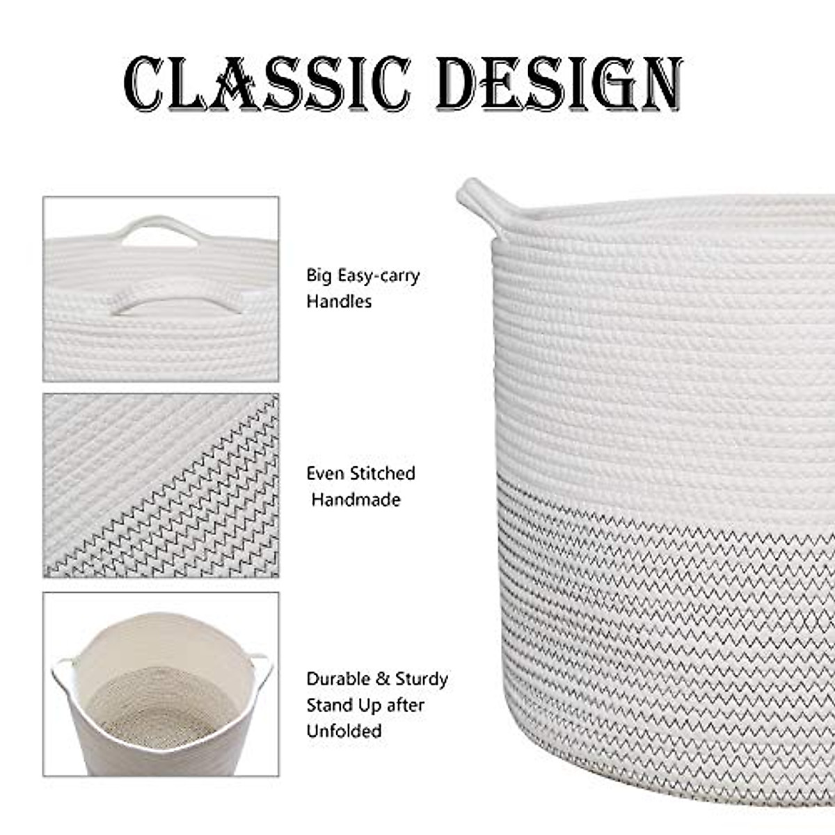 Cotton Rope Basket, 15.7 x 13.8inch Laundry Blanket Storage Basket with Easy-Carry Handles, Baby Nursery Bin for Home Décor and Organizing