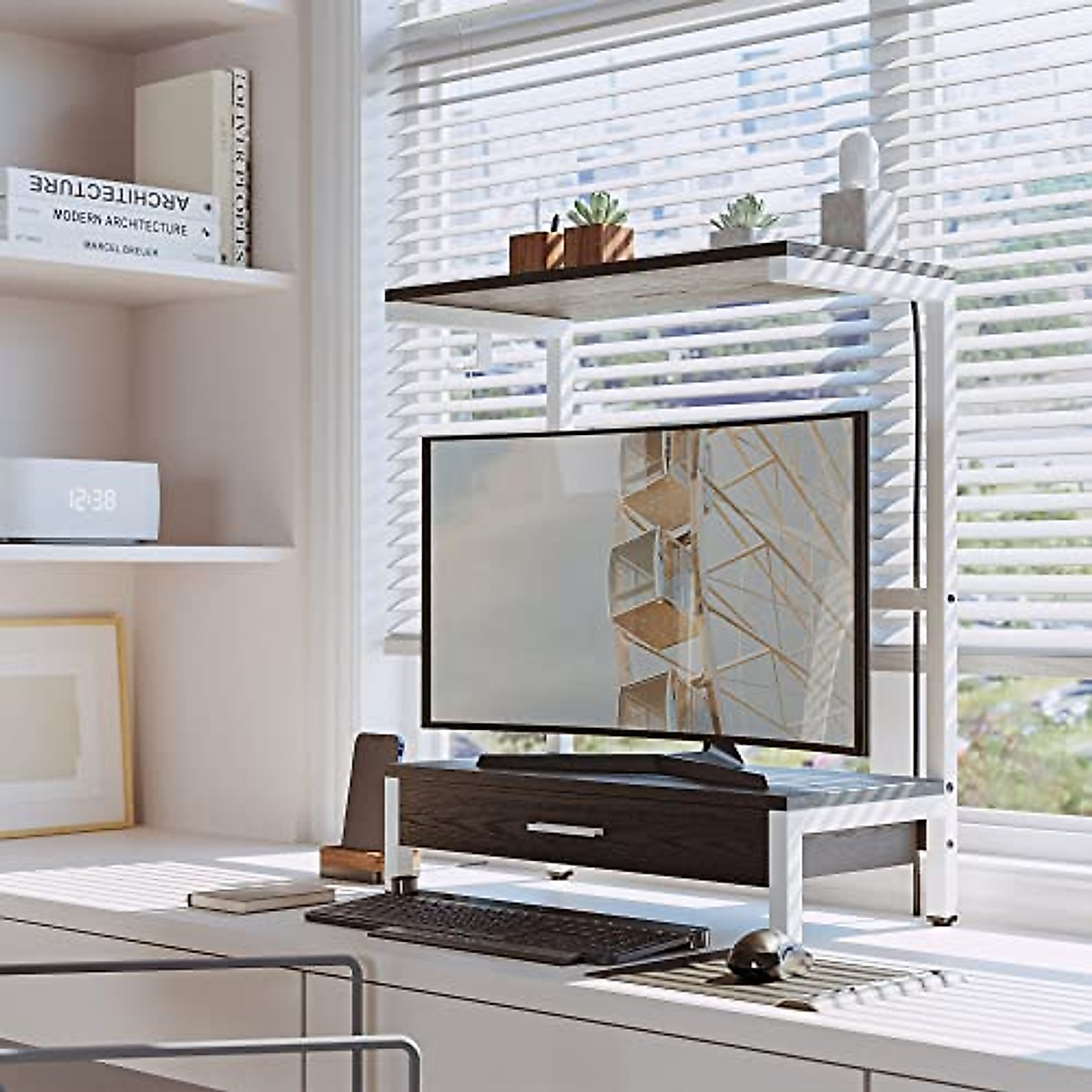 2 Tier Desktop Printer Stand Monitor Stand with Drawer, Small Home Printer Stand, Desk Organizer with Hook Non-Slip Feet for Home and Office(Black)