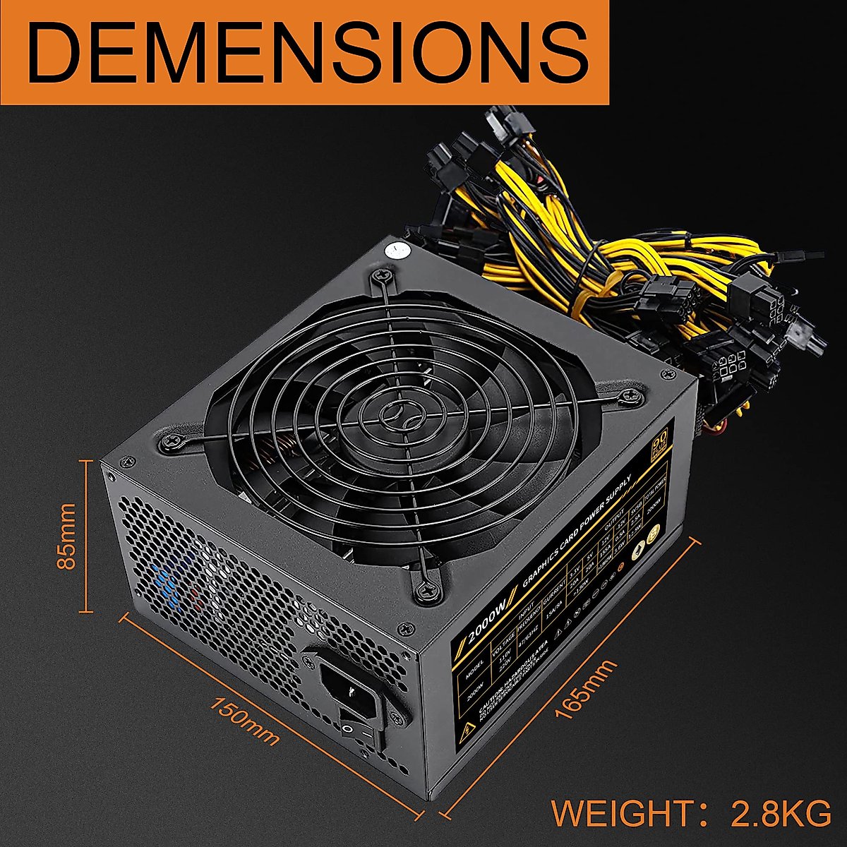2000W Mining Power Supply for 8 GPU, PSU Power Supply for ETH Rig Ethereum Miner, 100V-270V PSU with Adapter Cable