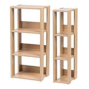 IRIS USA 3-Shelf Space Saving Open Wood Shelving Set, 2 Pack, Light Brown, Medium and Slim