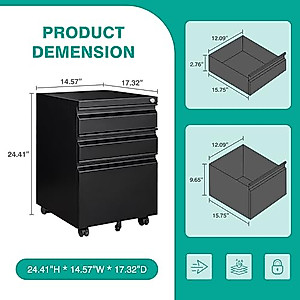 SISESOL 3 Drawer Mobile File Cabinet with Lock,Black Under Desk File Cabinets with Wheels,Rolling Metal Filing Cabinet for Home Office,Fit Legal/Letter/a4 File,Fully Assembled Except Casters