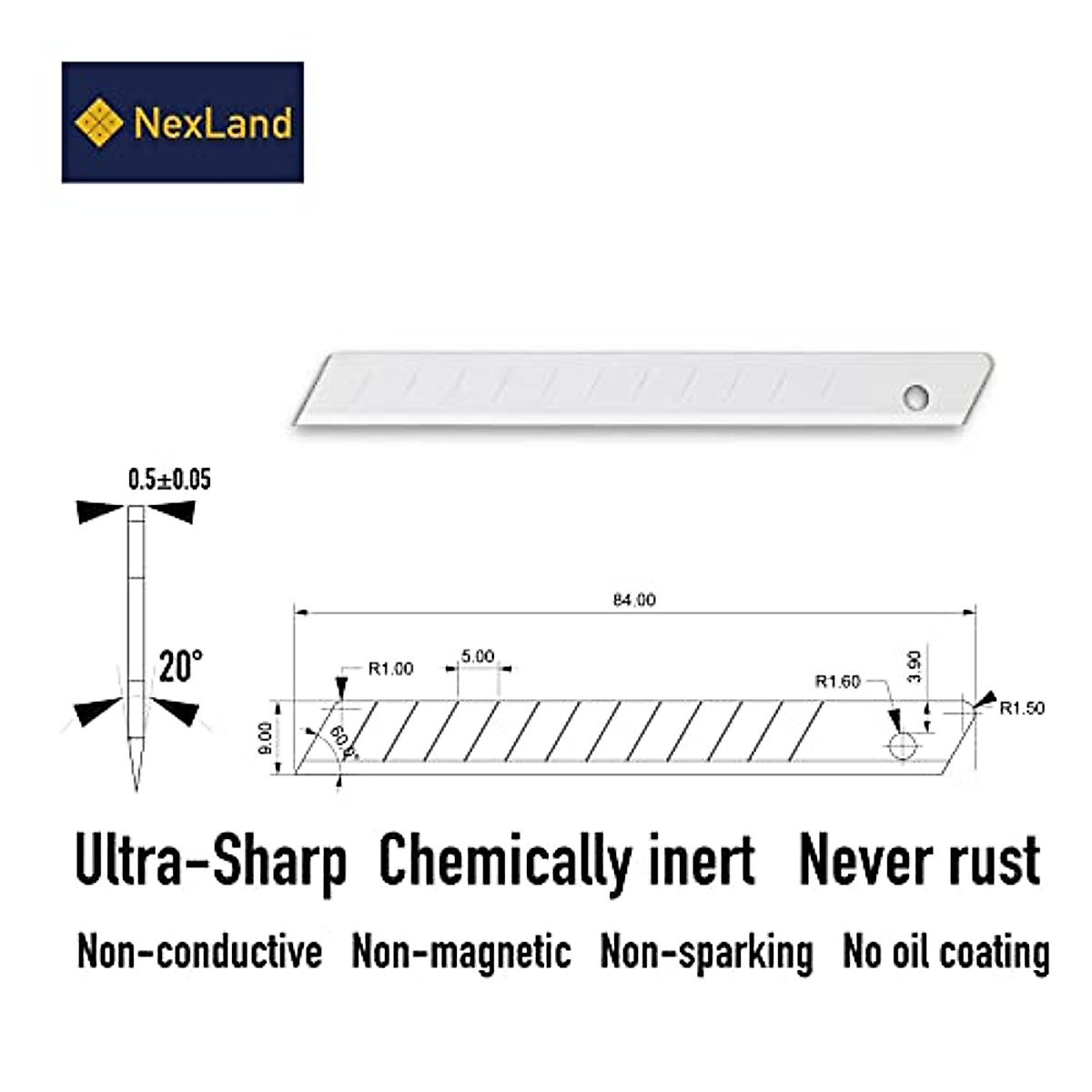 NexLand Ceramic Blade UB1 Ultra-Sharp Utility Blades 9mm 60 degree Snap-Off Utility Knife Replacement 10pcs