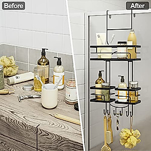 Auslar Shower Caddy Hanging Over The Door, Sturdy Rustproof Hanging Shower Organizer, Shower Shelf with Hooks, Razors Towels Shampoo Organizer for Dorm, Toilet and Bath, Black