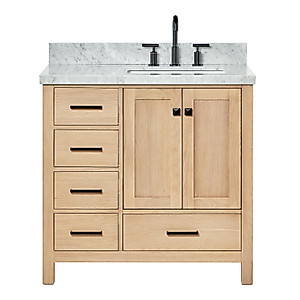 ARIEL Cambridge 37 Inch Oak Bathroom Vanity with Sink, Italian Carrara Marble Countertop 1.5 inch Edge and backsplash, Soft Closing Door and Drawer, Matte Black