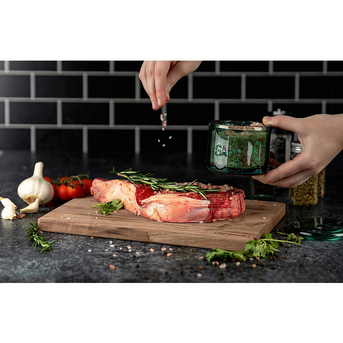 KooK Glass Salt Cellar, with Lid, Embossed Pressed Glass, Clear Storage Container, for Coffee, Sugar, Spices and Candies, 10 oz (Emerald Green)