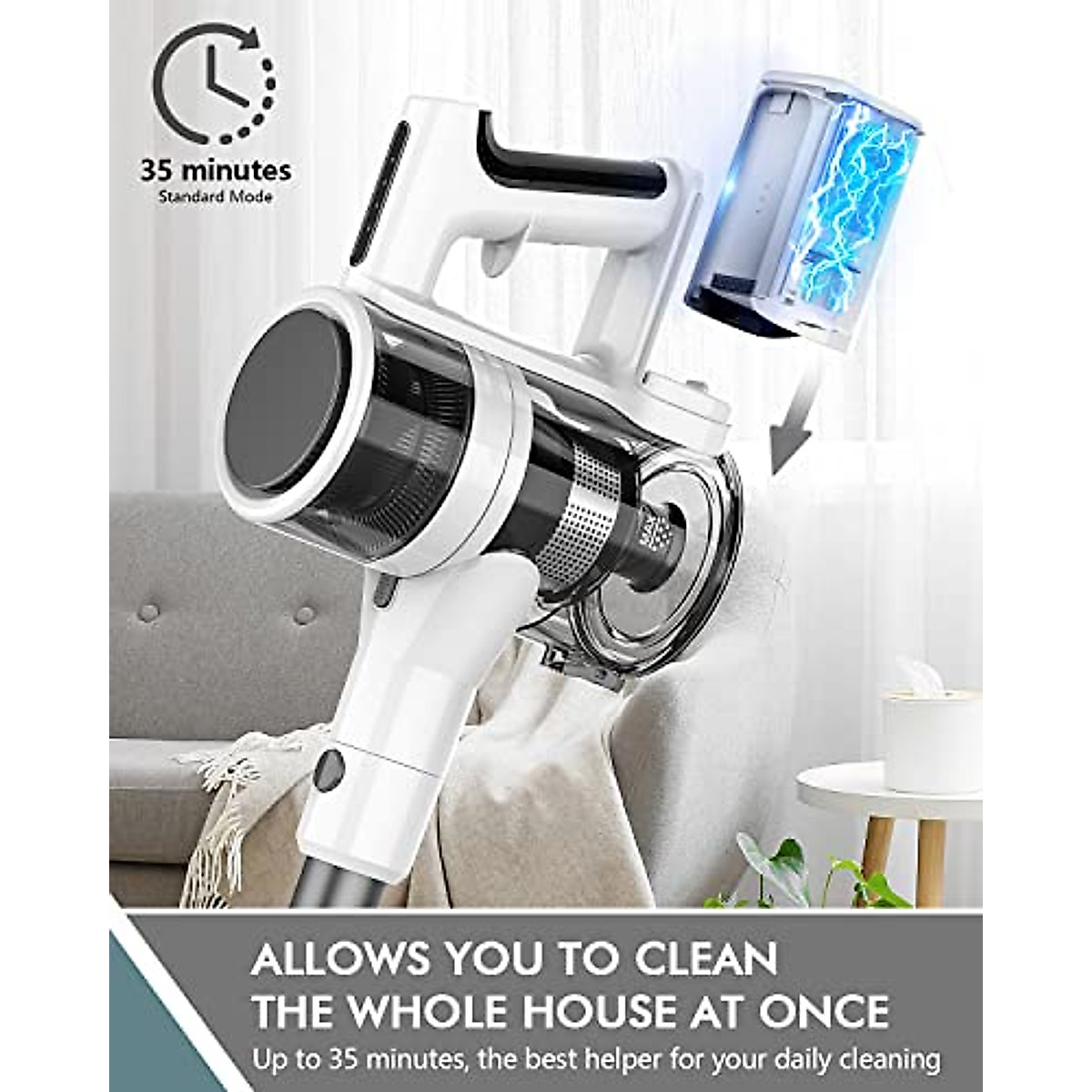 Fykee Cordless Vacuum Cleaner, Cordless Vacuum with Large Dust Cup and 80,000 PRM Brushless Motor, Stick Vacuum Cleaner with Large Detachable Battery up to 35 mins Run Time