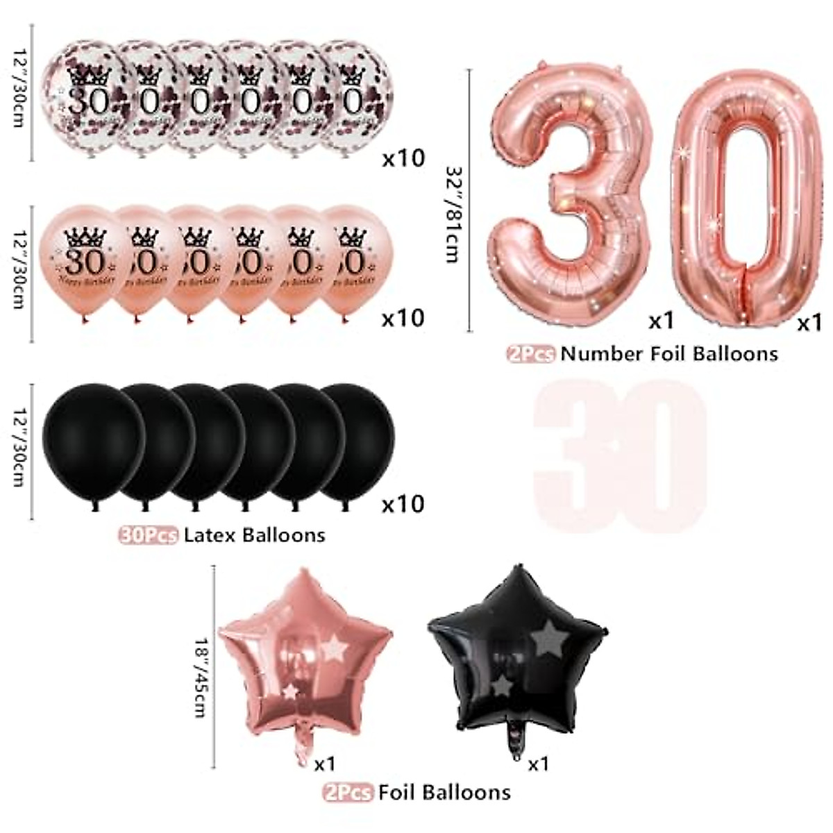 30th Black and Rose Gold Party Decorations - Happy Birthday Banner, Pennant, Birthday Balloons, Fringe Curtains, Tablecloth, Cake Topper, Hanging Swirls 30th Birthday Decorations for Women Princess