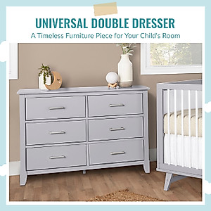 Dream On Me Universal Double Dresser in Pebble Grey, Kids Bedroom Dresser, Six Drawers Dresser, Mid-Century Modern, Made of Solid, Sustainable Pinewood, Easy Assembly