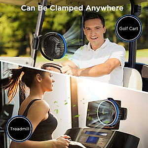 OUTXE 6700mAh Rechargeable Clip on Fan with Light, Battery Operated Clip Fan with Hanging Hook, 4 Speeds Portable Desk fan for Treadmill, Golf Cart, Bed, Car Seat, Baby Stroller - Blue