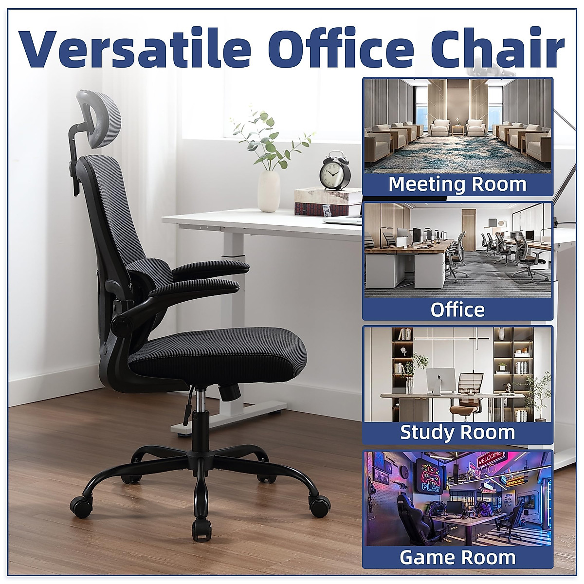 Westice Ergonomic Office Chair, Executive Mesh Office Chair with Flip up Arms & Adjustable Height, Comfortable High Back Swivel Computer Desk Chairs with Lumbar & Back Support, Black