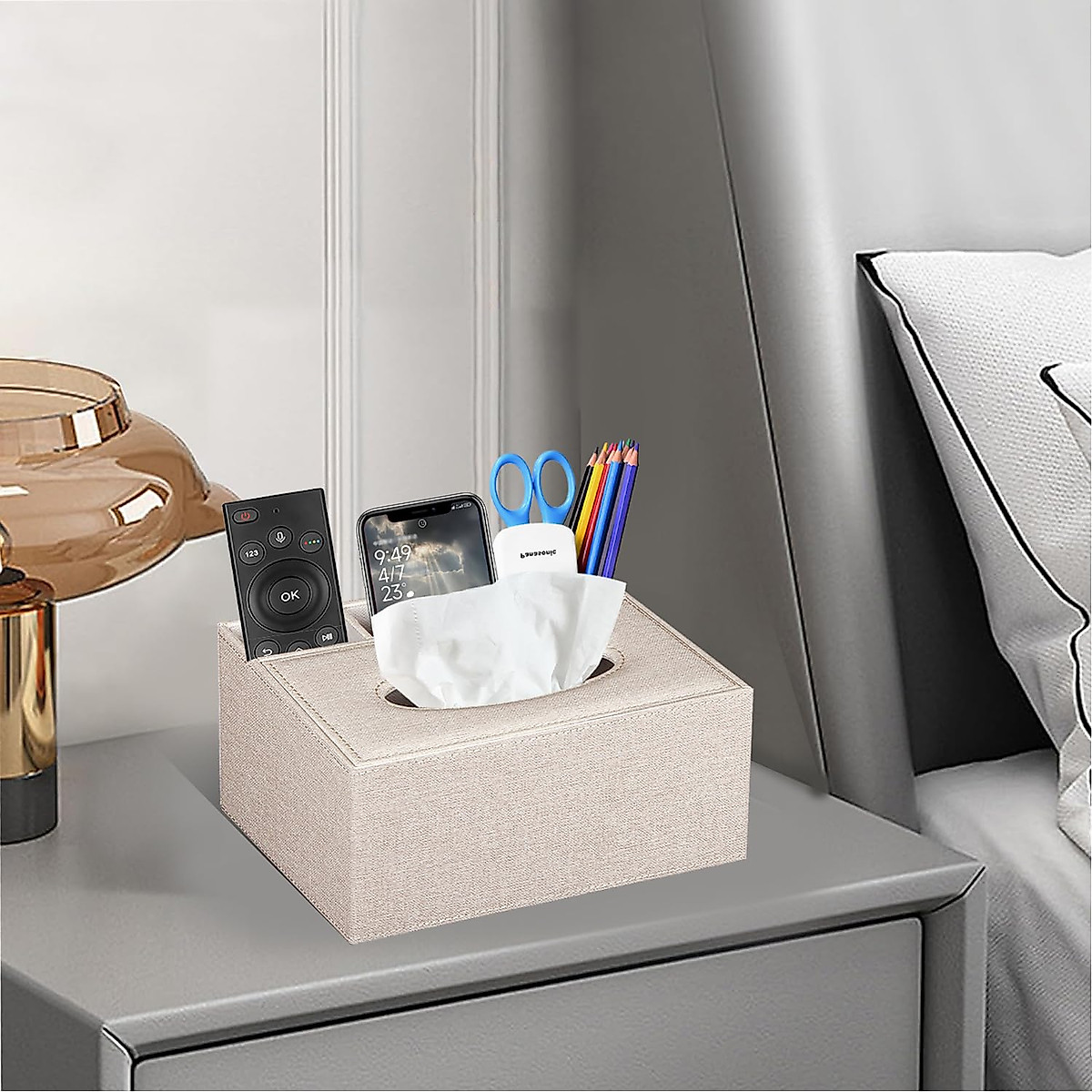 Tissue Box Cover Rectangular, Compatible with Kleenex Box Covers, Multifunctional Facial Tissue Box Holder with Remote Control Holder, Decorative Nighstand Organizer, Tissue Dispenser for Bathroom