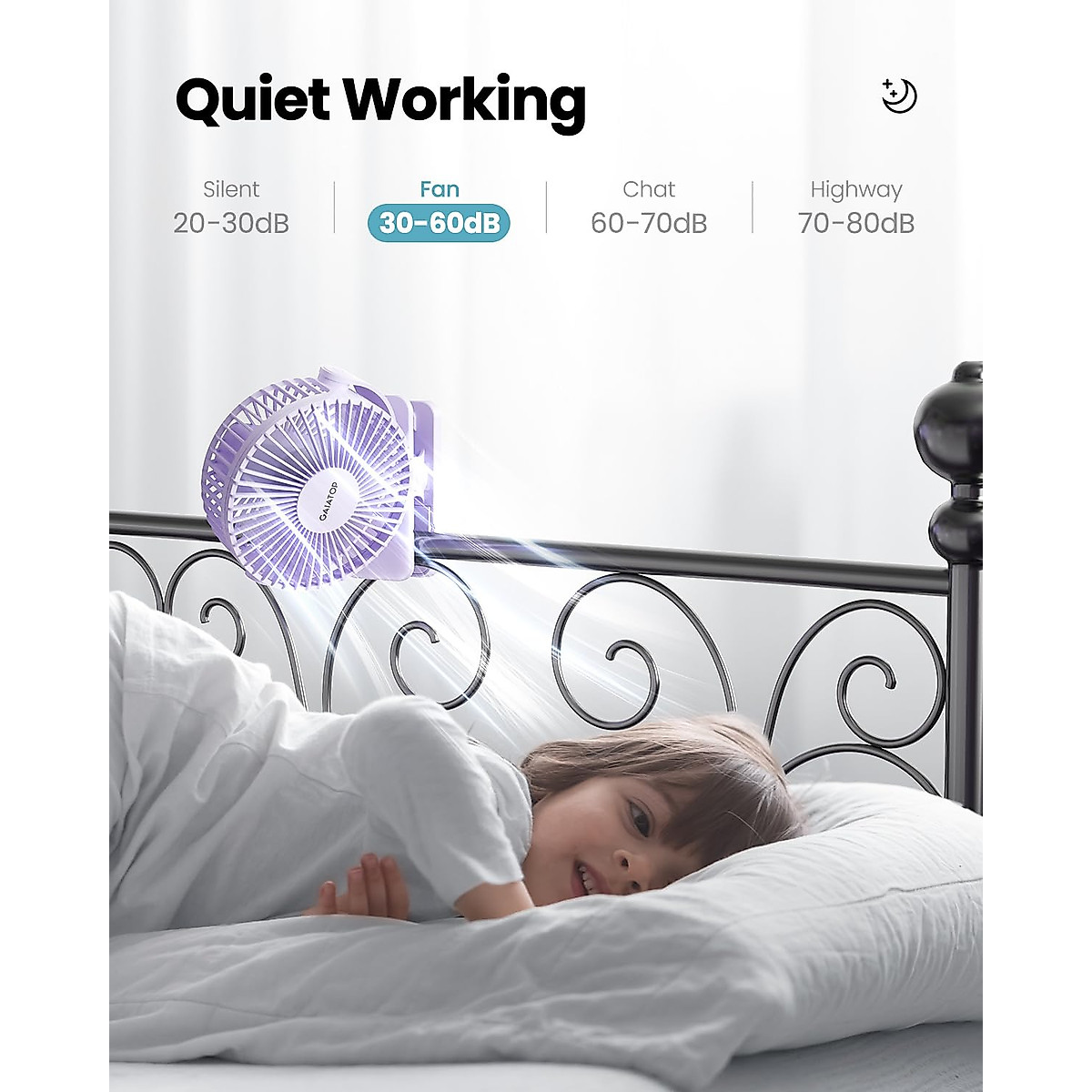 Gaiatop Portable Clip on Fan Battery Operated, Small Powerful 3 Speed Quiet 360° Rotate, USB Rechargeable Mini Personal Cooling for Desk Table Home Office Stroller Camping Purple