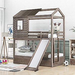FIQHOME Twin Over Twin Bunk Bed with Two Storage Drawers,House Bunk Beds with Slide, House-Shaped Wood Bunk Bed,for Kids Boys Girls Toddler, No Box Spring Needed (New, Antique Gray)