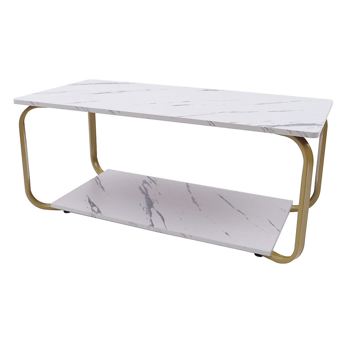 Rectangular Coffee Table for Living Room, 39.4" Faux White Marble Coffee Table with Storage Shelf, 2-Tier Modern Center Table with White Faux Marble Tabletop, Gold Metal Frame