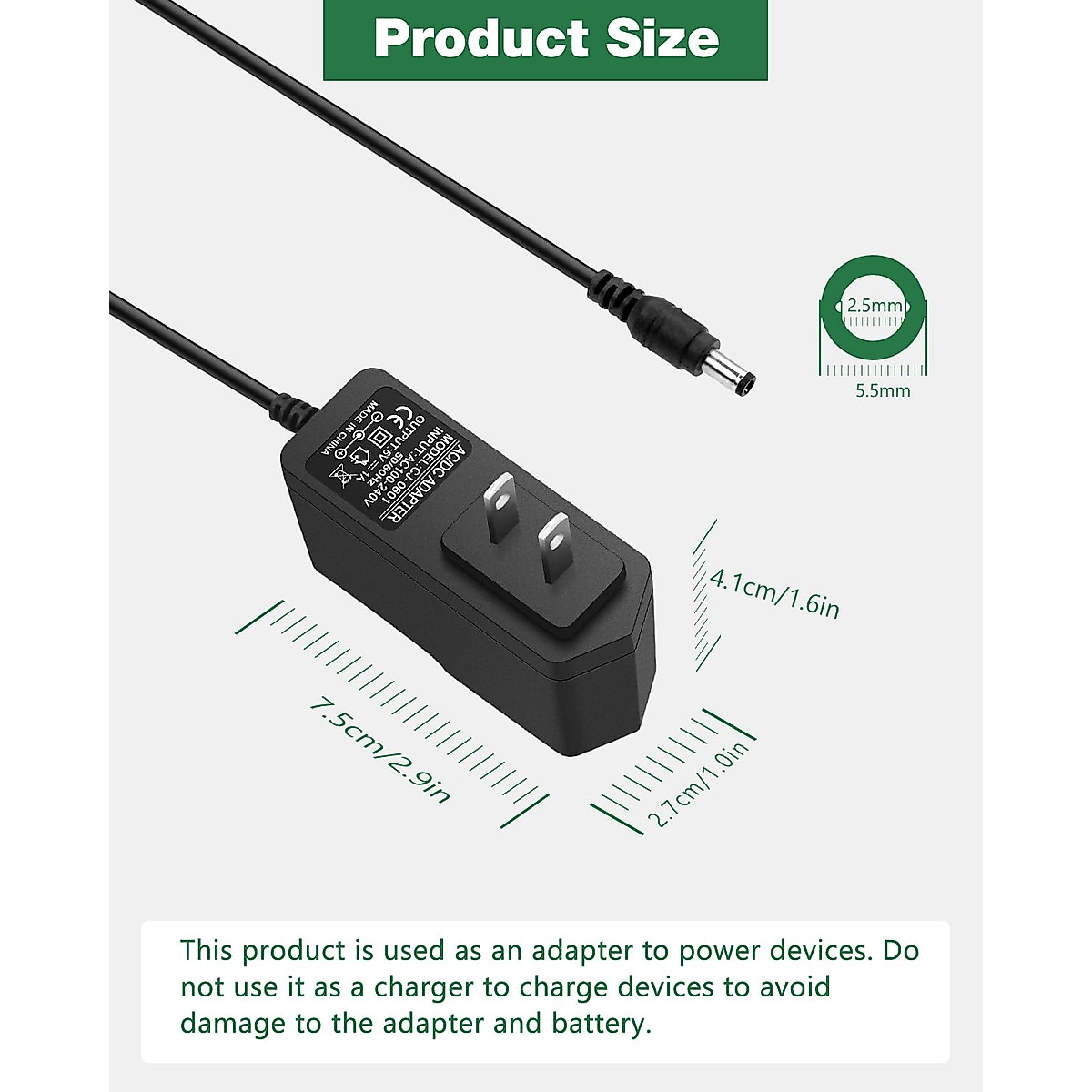 JOVNO 6V 1A DC Power Supply, AC to DC 6 Volt 1Amp 0.8A 0.5A 450mA Adapter Cord with 5.5x2.5mm Tip, for Arm Monitor Soap Dispensers Trash Can Doorbell Alarm Shaver Lamp Clock Baby Monitor/Swing