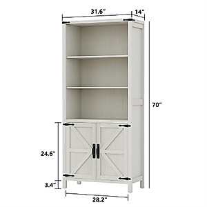 Furnihold Farmhouse Bookcase and Bookshelf with Doors, 5-Shelf Bookcase Adjustable Bookshelf, Wood Bookcase Tall Storage Cabinet for Bedroom, Office Room, Living Room, Off White