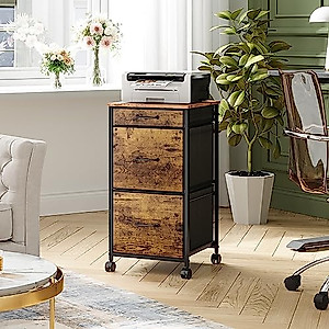 DEVAISE Mobile File Cabinet with 3 Drawers, Printer Stand with Fabric Drawers, Vertical Filing Cabinet fits A4 or Letter Size for Home Office, Rustic Brown Wood Grain Print