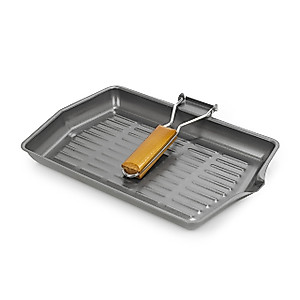 Homiu Griddle Pan Plate Carbon Steel with Non-Stick Ridge Surfaces Frying Pans with Folding Handle for Stoves and Grills (Large Rectangular Pan)