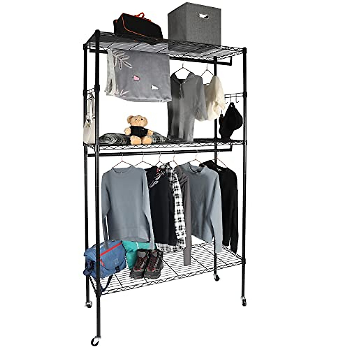 ALUPOM Heavy Duty Rolling Garment Rack, 3-Tier Metal Clothing Rack Closet Organizer with Loackable Wheels,2 Rods and 2 Pair Side hooks,Loading 400 lbs
