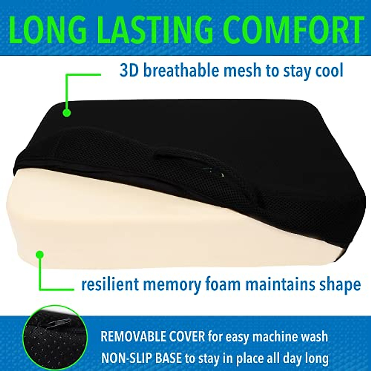 nuumi Extra Large Memory Foam Seat Cushion with Lint Roller for Easy Care, Washable Covers & Carry Handle - Comfort Cushion for Office, Car & Wheelchair - Improves Posture & Circulation