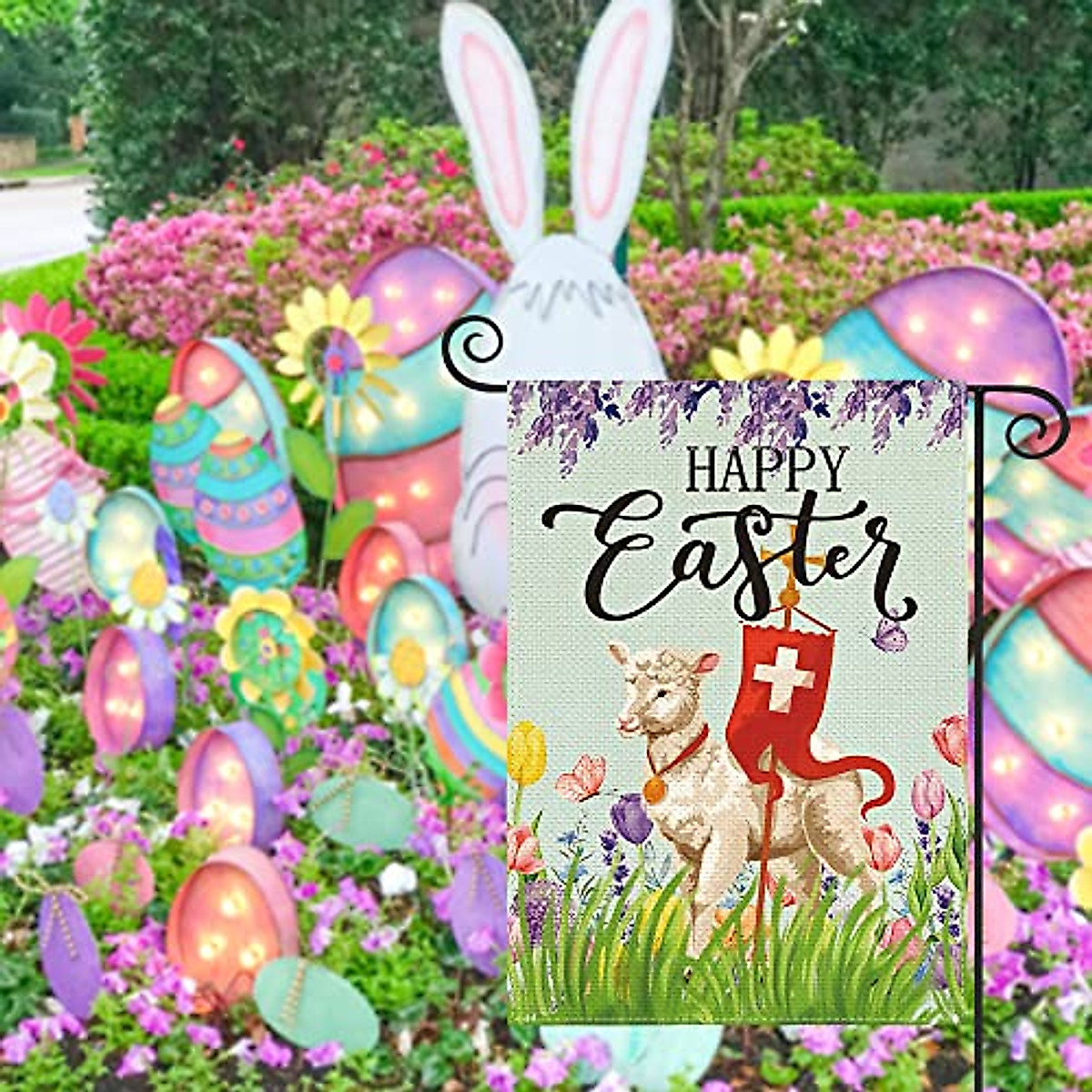 AVOIN colorlife Happy Easter Lamb of God Garden Flag 12x18 Inch Double Sided Outside, Hunt Meadow with Cross Floral Pascha Yard Outdoor Decoration