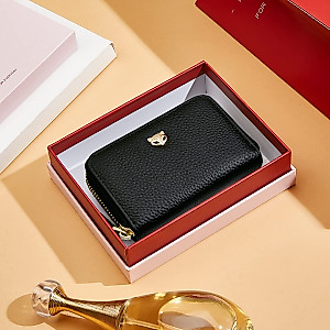 FOXLOVER Small Genuine Leather Credit Card Holders for Women, RFID Blocking Ladies Mini Card Case Women's Card Wallets with Gift Box Packing (Black)