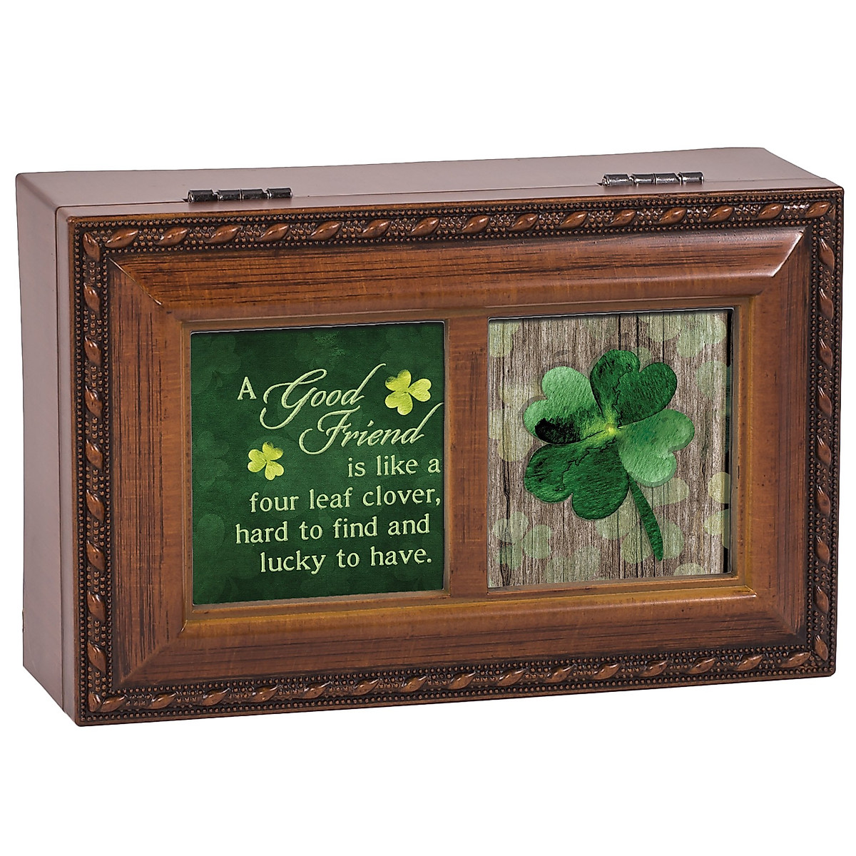 Cottage Garden Good Friend Four Leaf Clover Woodgrain Rope Trim Petite Music Box Plays Irish Lullaby