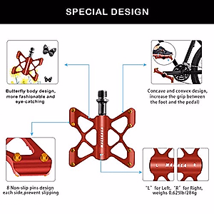 MALLLALA Mountain Bike Pedals,9/16" 3 Sealed Bearing Aluminum Alloy Bicycle Pedals, Bicycle Flat Pedals for BMX Bike,Road Bike, Butterfly Shape Design,16 Hexagonal Non-Slip Studs