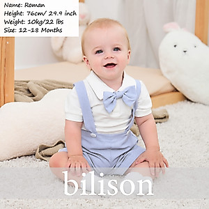 bilison Baby Boy Clothes Gentleman Bowtie Romper and Overalls Suspenders Pants Wedding Tuxedo Outfits(blue,0-6m)