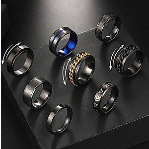 Stainless Steel Band Rings for Men, Sliver Fidget Rings for Anxiety for Women, Cool Plain Spinner Ring Set, Black Mens Wedding Band Ring Pack (9)