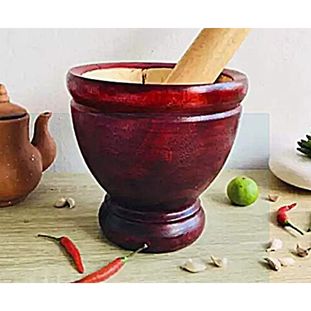 PunPund Wooden Mortar 9 Inches from Thailand Pestle Grinding Herb Garlic Papaya Salad Som Tum Thai Food Kitchen Tool 1 Set