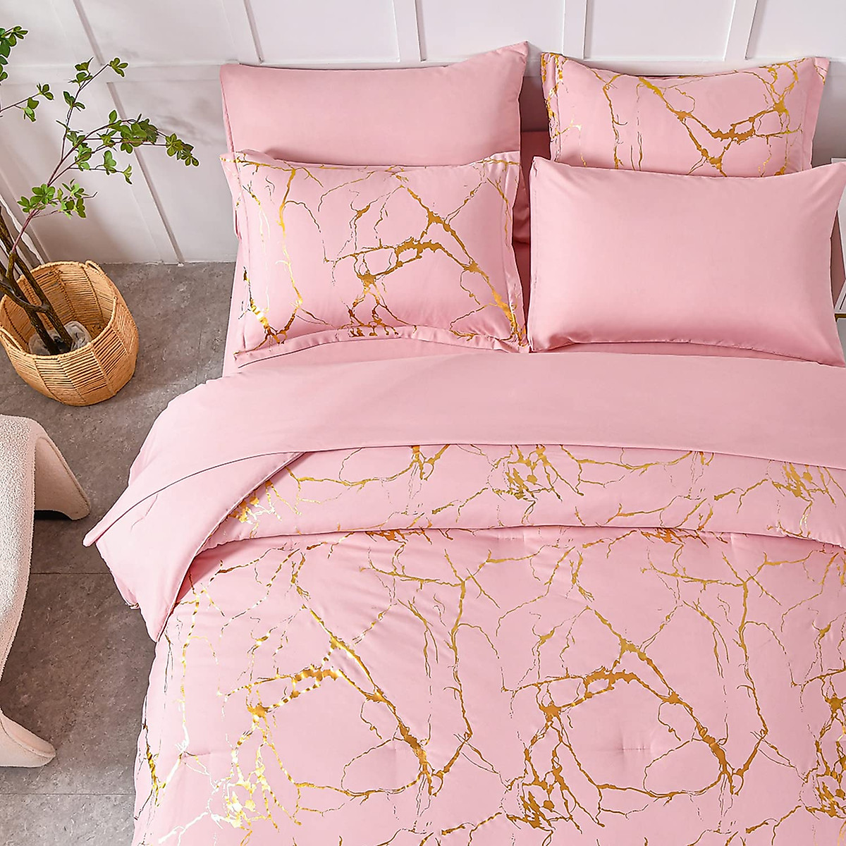 Yogeneg Gold Metallic Marble King Size Comforter Set,7 Piece Bed in a Bag,Foil Print Glitter Pink Comforter and Sheet Set,All Season Soft Microfiber Complete Bedding Sets(Pink,King)