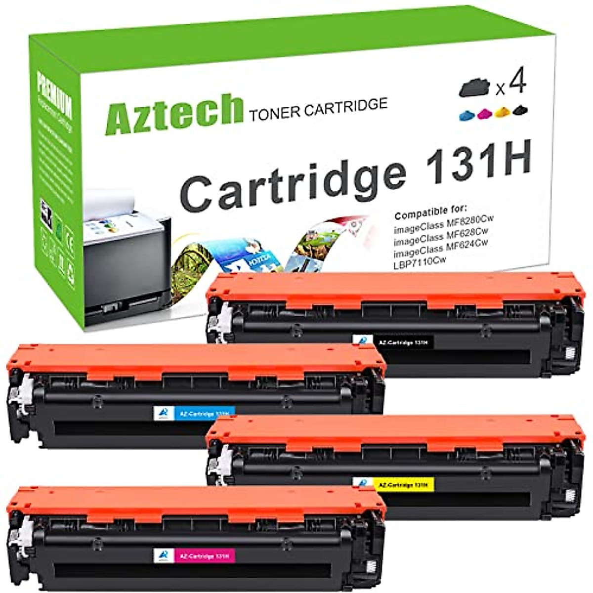 Aztech Compatible Toner Cartridge Replacement for Canon 131 131H CRG131 CRG-131 Toner Cartridge ImageClass MF8280Cw MF624Cw MF628Cw LBP7110Cw Printer Ink (Black, Cyan, Magenta, Yellow, 4-Pack)