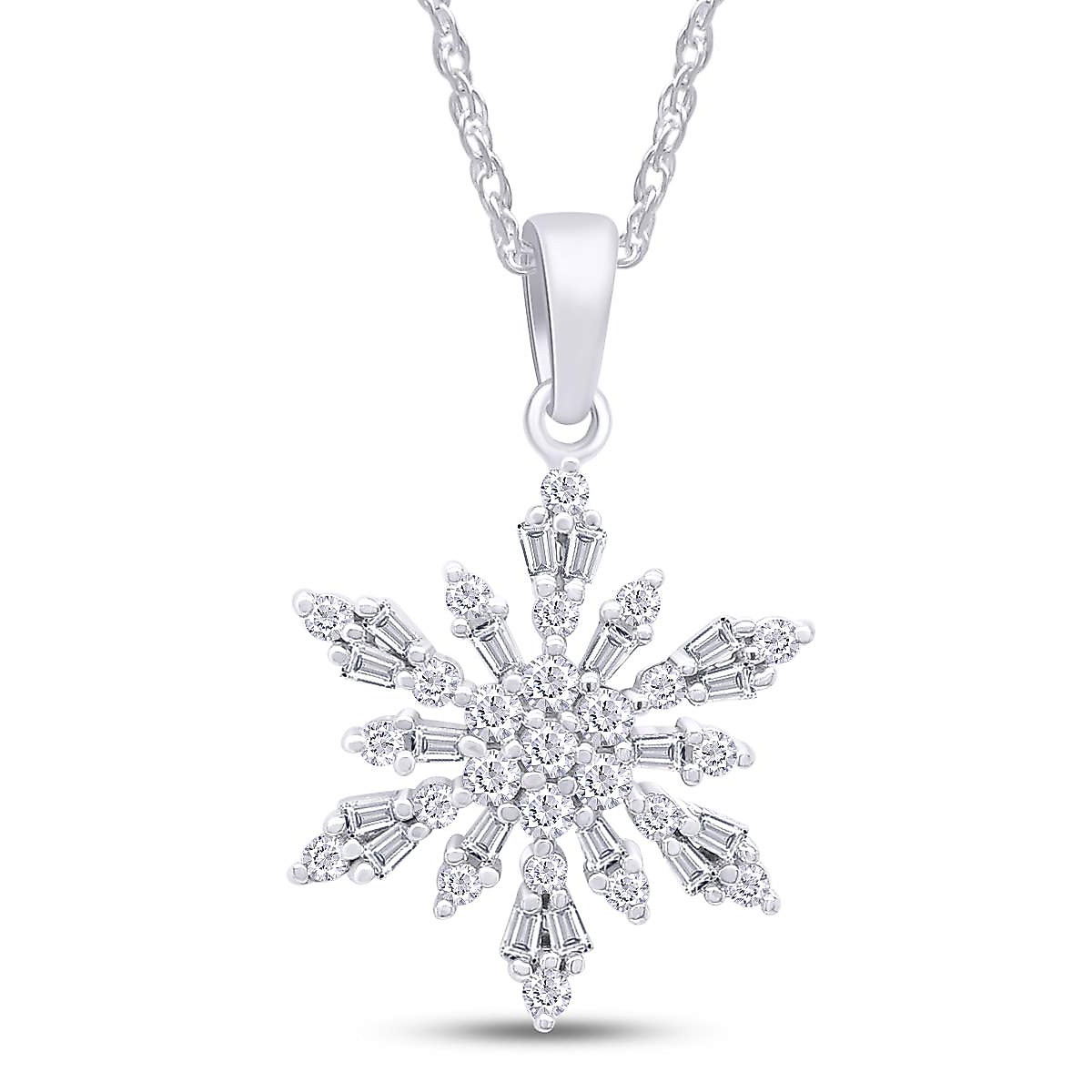 AFFY Baguette & Round White Cubic Zirconia Snowflake Charm Pendant Necklace in 14k White Gold Over Sterling Silver