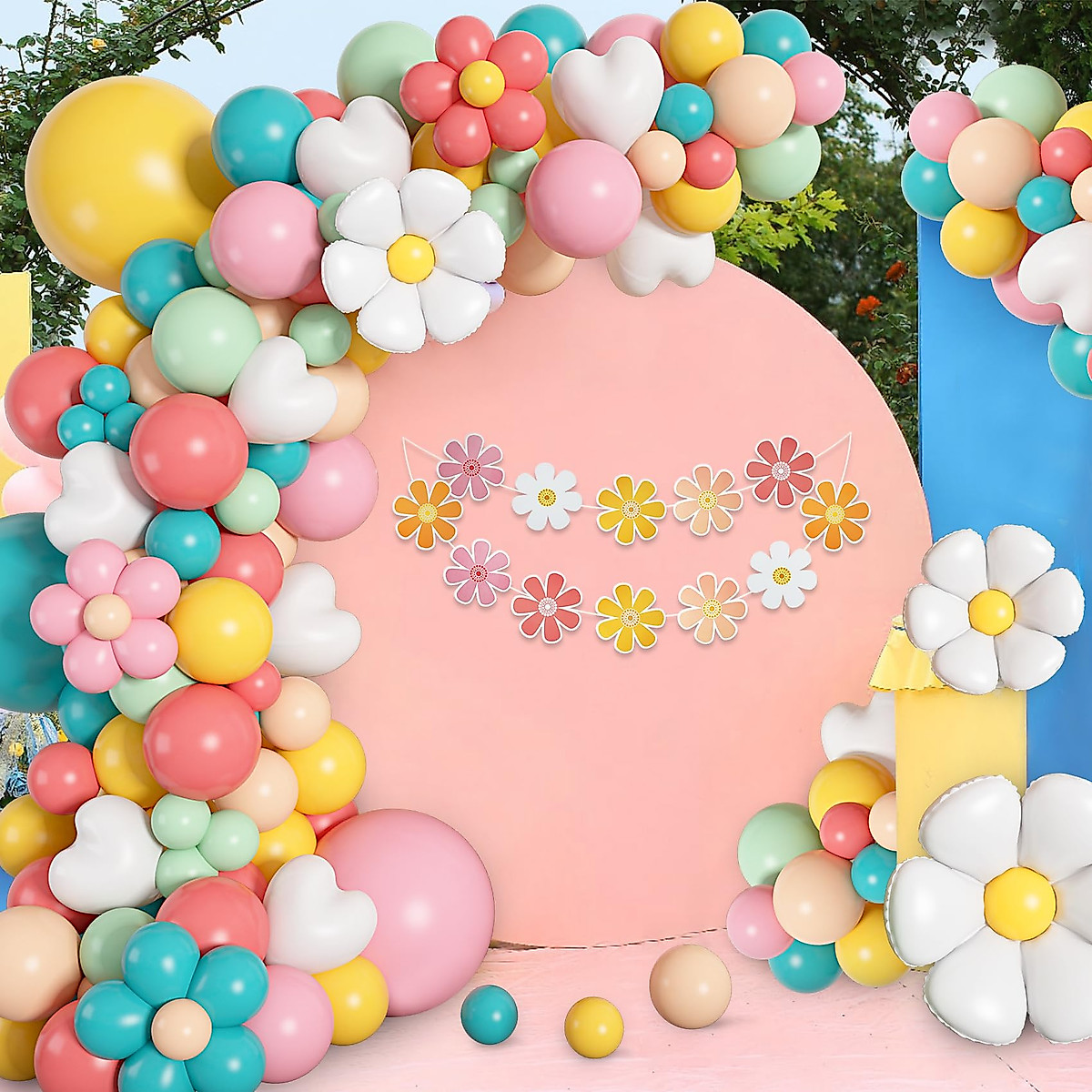 161pcs Daisy Balloon Garland Arch Kit, Pastel Groovy Flower Party Decorations with Pink Yellow Orange Blue Green Daisy Banners for Baby Shower Daisy Retro Hippie Two Groovy Boho Birthday Party Decor