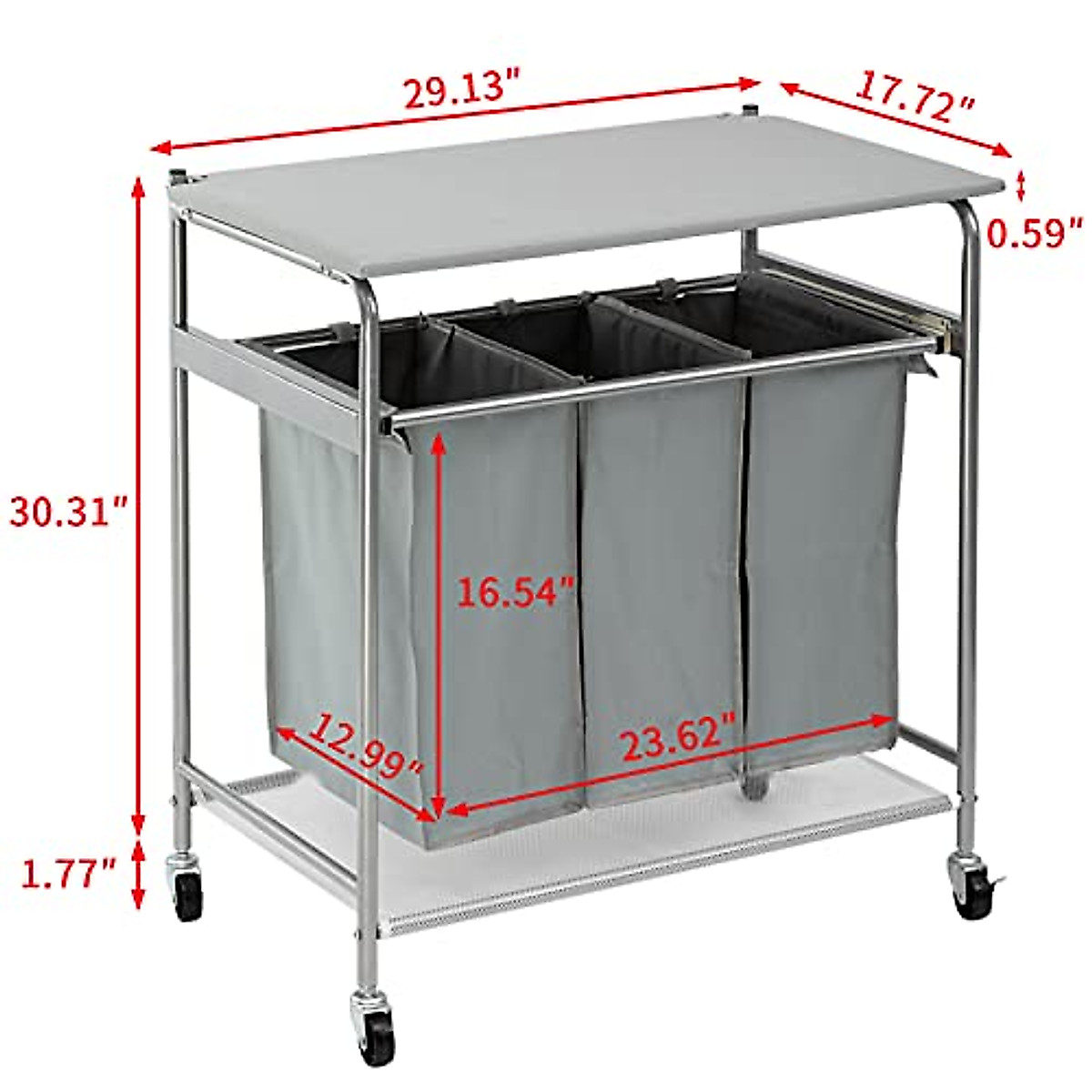PARANTA Laundry Sorter Cart with Ironing Board Side pull 3-Bag Heavy-Duty 4 Wheels Laundry Hamper Light Grey