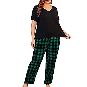 KAMONG Women Plus Size Pajamas Set Plaid Lounge Pants V-Neck Long/Short Sleeve Cotton T Shirt 2 Piece Sleepwear Green