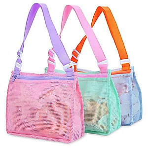 Beach Toy Mesh Beach Bag Kids Shell Collecting Bag Beach Sand Toy Seashell Bag for Holding Shells Beach Toys Sand Toys Swimming Accessories for Boys and Girls(Only Bags,A Set of 3)