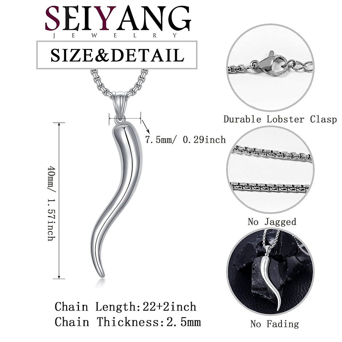 Italian Horn Necklace 925 Sterling Silver Lucky Chili Pendant Italian Amulet Jewelry Silver Italian Horn Charm Protection Cornicello Gift for Men Women Father’s Day