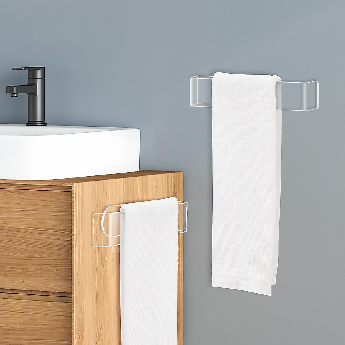 NiHome Wall Mount Clear Acrylic Hand Towel Racks 2-Pack for Towels, Accessories in Bathroom, Kitchen, Bedroom - Adhesive Towel Bar Hand Towel Holder, Versatile Transparent Design, Waterproof