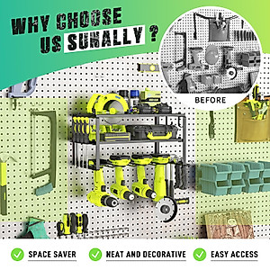 SUNALLY Power Tool Organizer, Heavy Duty Iron, 3 Layers Storage Rack with 4 Drill Holders, Floating Tool Shelf Wall Mounted, Matte Black, Work Shop, Garage, 150Lbs Load Capacity