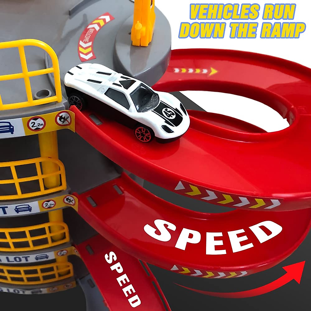 Garage Toy Set Car Vehicle Building Parking Lot Race Tracks for Boys with 1 Helicopter and 2 Random Cars Durable Garage Playset for Boys, Kids, Toddler Great Race Track Perfect Car Track (4 level red)