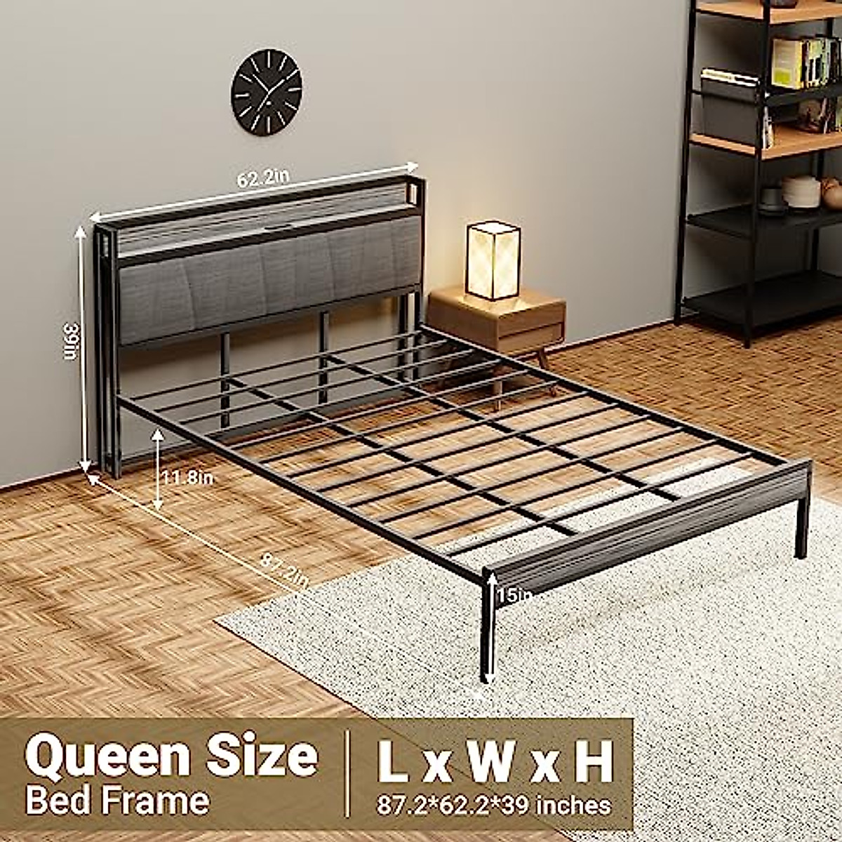 Zevemomo Queen Bed Frame, Queen Size Metal Platform Bed Frame with 2-Tier Storage Upholstered Headboard and Power Outlets, USB Ports Charging Station/No Box Spring Needed/Noise-Free/Easy Assembly