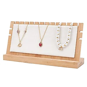 NBEADS Bamboo Necklace Display Stands, Jewelry Tabletop Display Board Stand Tray Showcase Rack with Old Lace Microfiber L-Shaped for Necklaces Rings Earrings Bracelets Jewelry