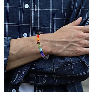 FINZOR 12Pcs 8mm Stone Beads Bracelets for Women Men Semi-precious Gemstone Crystal Beaded Bracelets Lava Rock Tiger Eye Amethyst Chakra Bracelets Unisex Adjustable